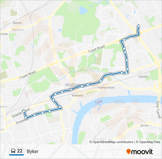 22 Route: Schedules, Stops & Maps - Byker (Updated)