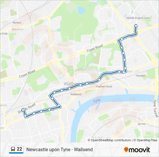 22 Route: Schedules, Stops & Maps - Byker (Updated)