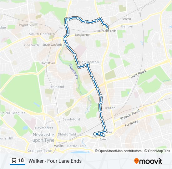 18 Route: Schedules, Stops & Maps - Byker (Updated)