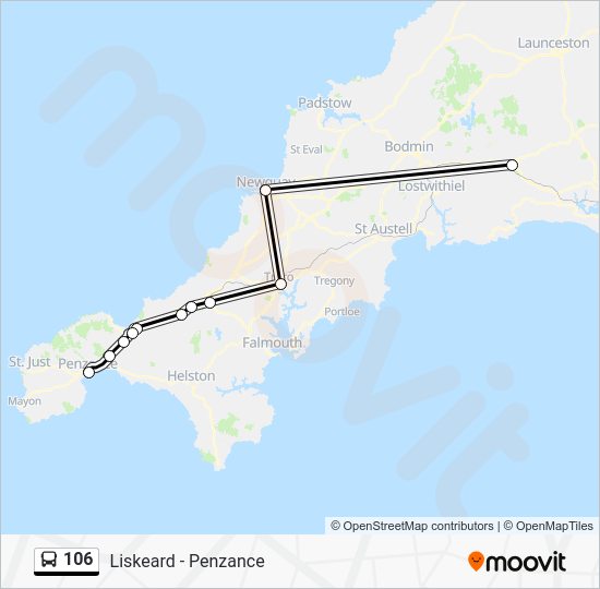106 Route: Schedules, Stops & Maps - Liskeard - Penzance (Updated)