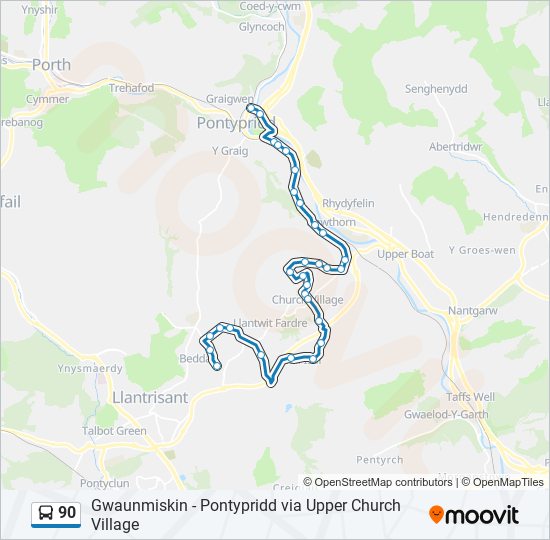 90 Route: Schedules, Stops & Maps - Pontypridd (Updated)