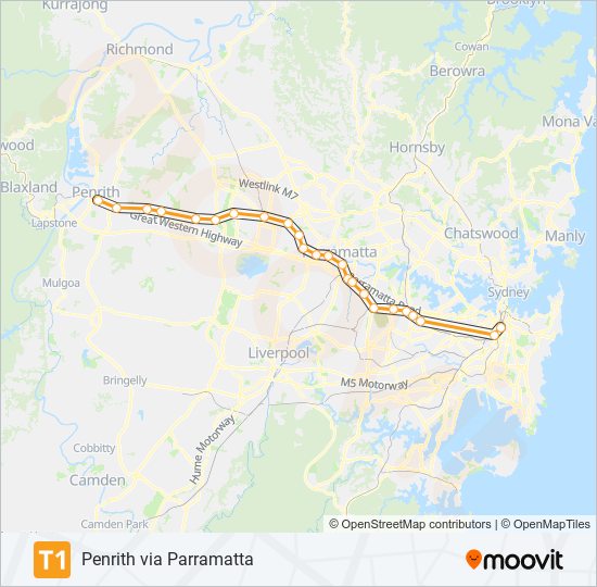 t1 Route: Schedules, Stops & Maps - Penrith via Parramatta (Updated)