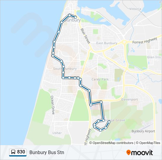 830 Route: Schedules, Stops & Maps - Bunbury Bus Stn (Updated)