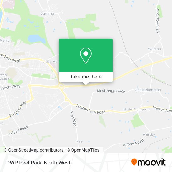 How to get to DWP Peel Park in Mythop by bus or train?