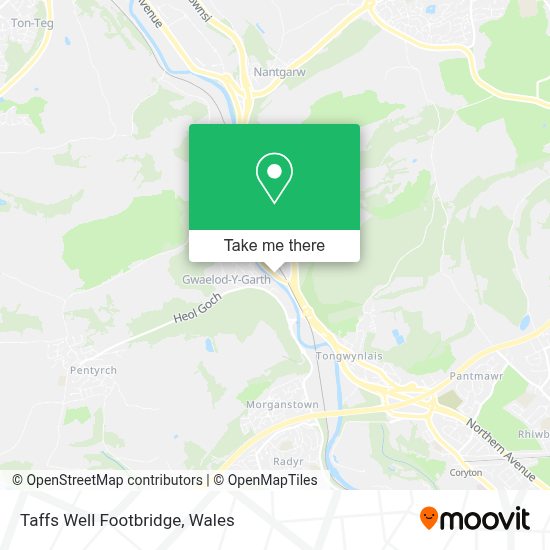 How to get to Taffs Well Footbridge in Rhondda Cynon Taf by bus or train?