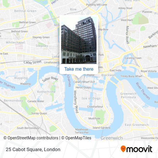 How to Get to 25 Cabot Square in Canary Wharf by Bus, Tube or Train?