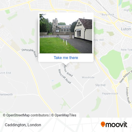 How to get to Caddington in Central Bedfordshire by bus or train?