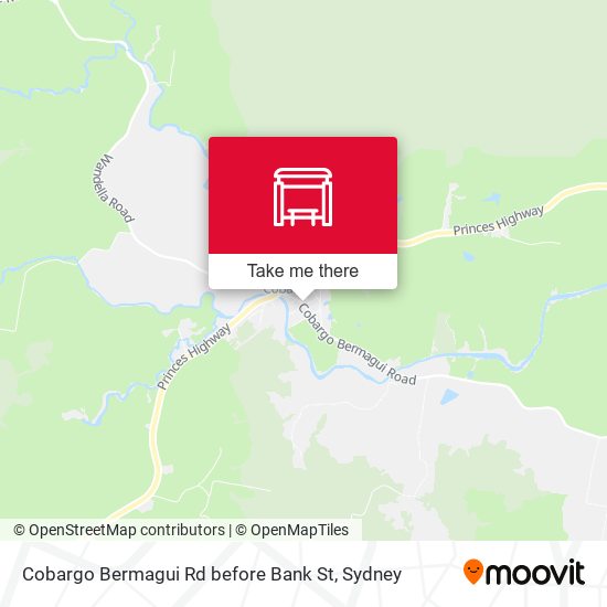 How to get to Cobargo Bermagui Rd before Bank St by bus or train?