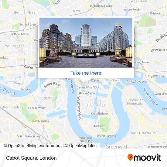How to get to Cabot Square, Canary Wharf by bus, Tube, train or River Bus?
