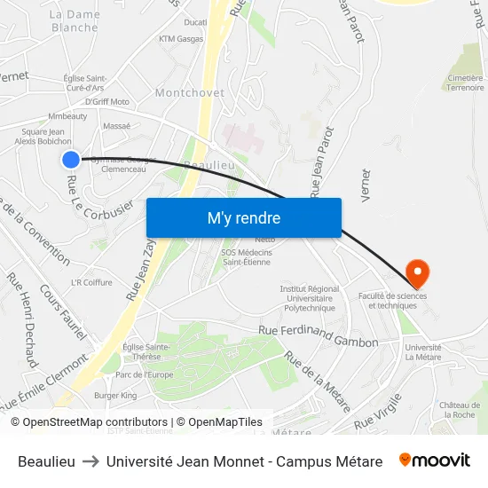 Beaulieu à Université Jean Monnet - Campus Métare en transport en commun