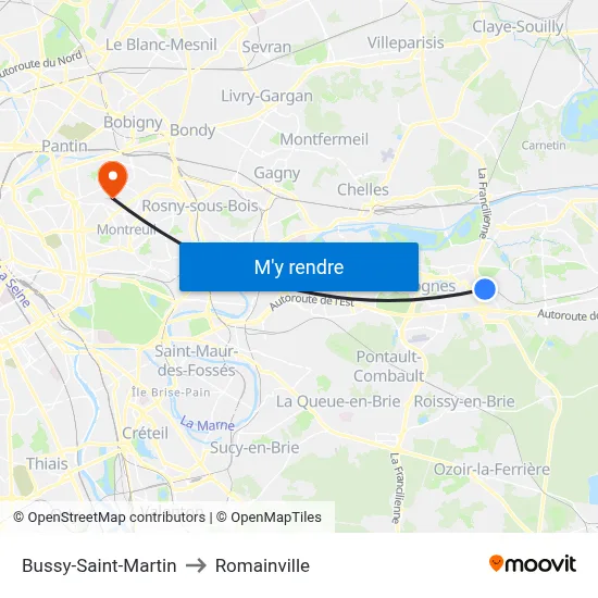 Bussy-Saint-Martin à Romainville en transport en commun
