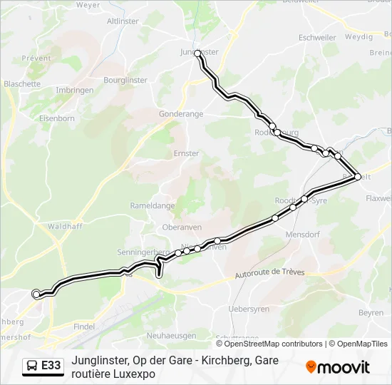 E33 Route: Fahrpläne, Haltestellen & Karten - Kirchberg, Gare Routière ...