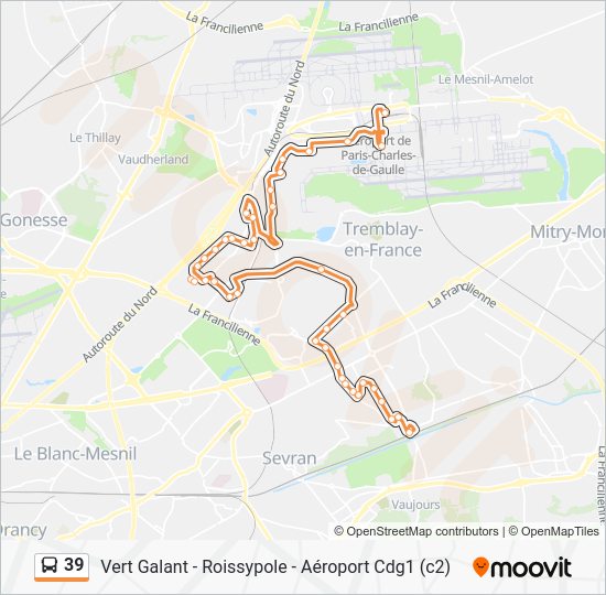 39 Itinéraire: Horaires, Arrêts & Plan - Roissypole - Aéroport Cdg1 (C2 ...