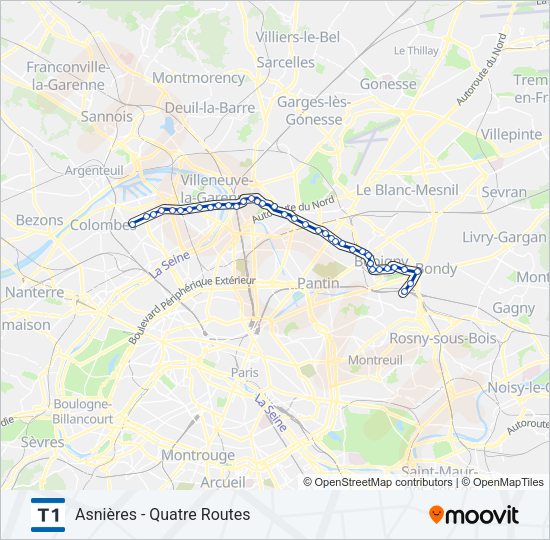 T1 Itinéraire: Horaires, Arrêts & Plan - Asnières - Quatre Routes (mis ...