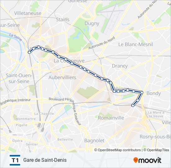 t1 Itinéraire: Horaires, Arrêts & Plan - Gare de Saint-Denis (mis à jour)