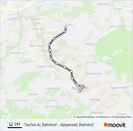 191 Route: Schedules, Stops & Maps - Teufen Ar, Bahnhof‎→Appenzell ...