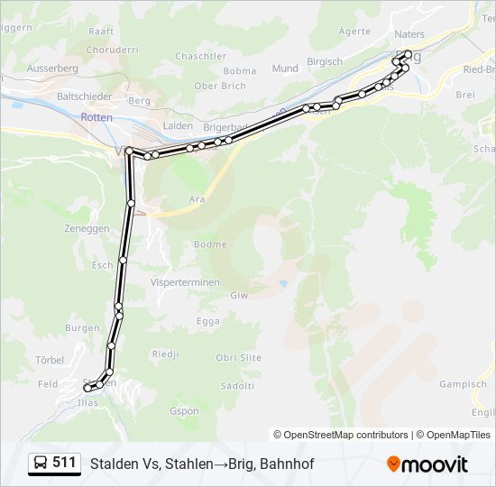 511 Route: Schedules, Stops & Maps - Stalden Vs, Stahlen‎→Brig, Bahnhof ...