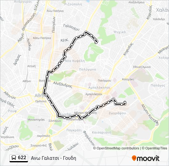 622 Διαδρομή: Δρομολόγια, Στάσεις & Χάρτες - Ανω Γαλατσι - Γουδη ...