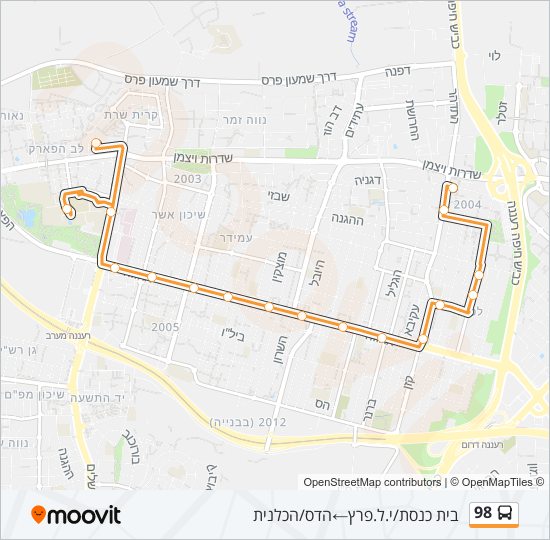 98 Route: Schedules, Stops & Maps - בית כנסת/י.ל.פרץ‎→הדס/הכלנית (Updated)