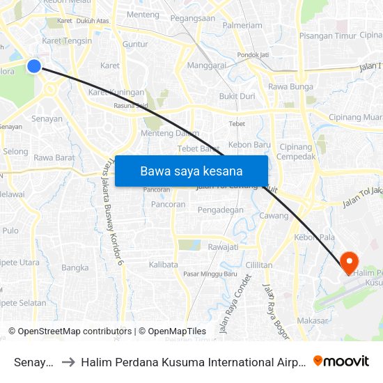 Senayan Arah Barat ke Halim Perdana Kusuma International Airport (HLP) (Bandar Udara ...