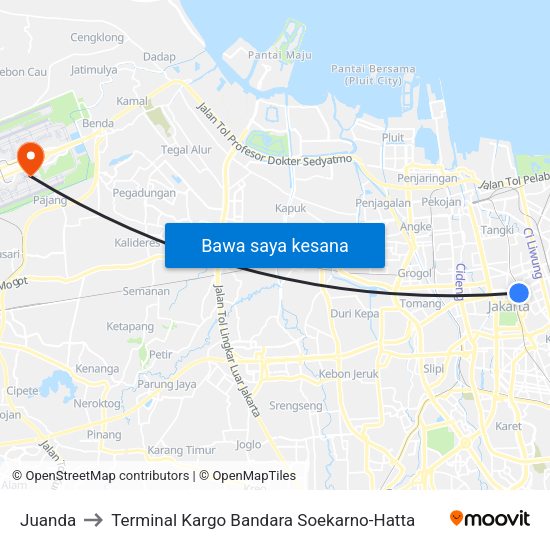 Juanda ke Terminal Kargo Bandara Soekarno-Hatta dengan transportasi umum