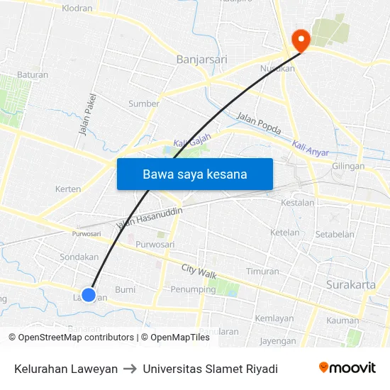 Kelurahan Laweyan ke Universitas Slamet Riyadi dengan transportasi umum